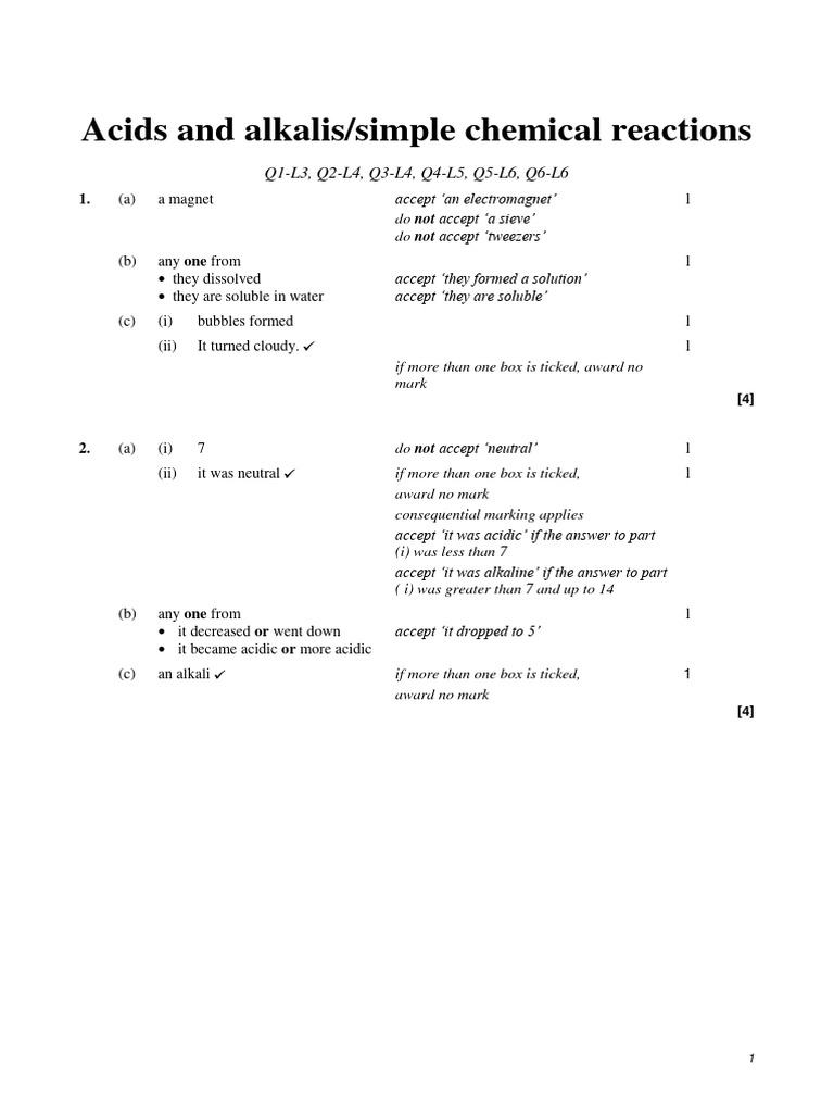 Year 7 Acids and Alkalis Simple Chemical Reactionss Mark Scheme | PDF ...