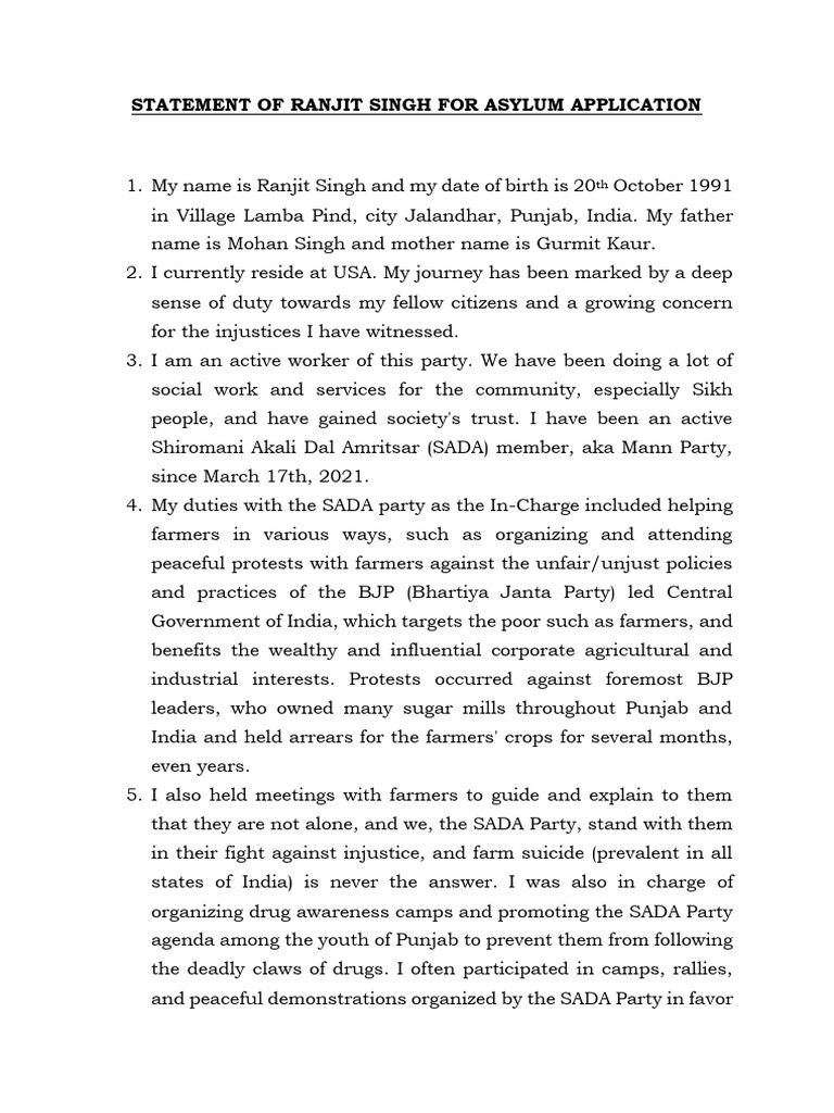 Revised 18.05.2024 Eng Translation of Asylum Statement of Ranjit Singh ...