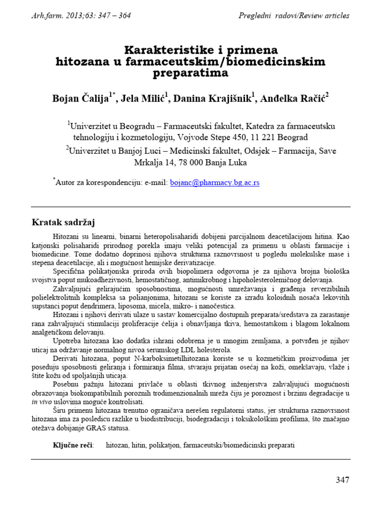 Karakteristike I Primena Hitozana U Farmaceutskimbiomedicinskim | PDF