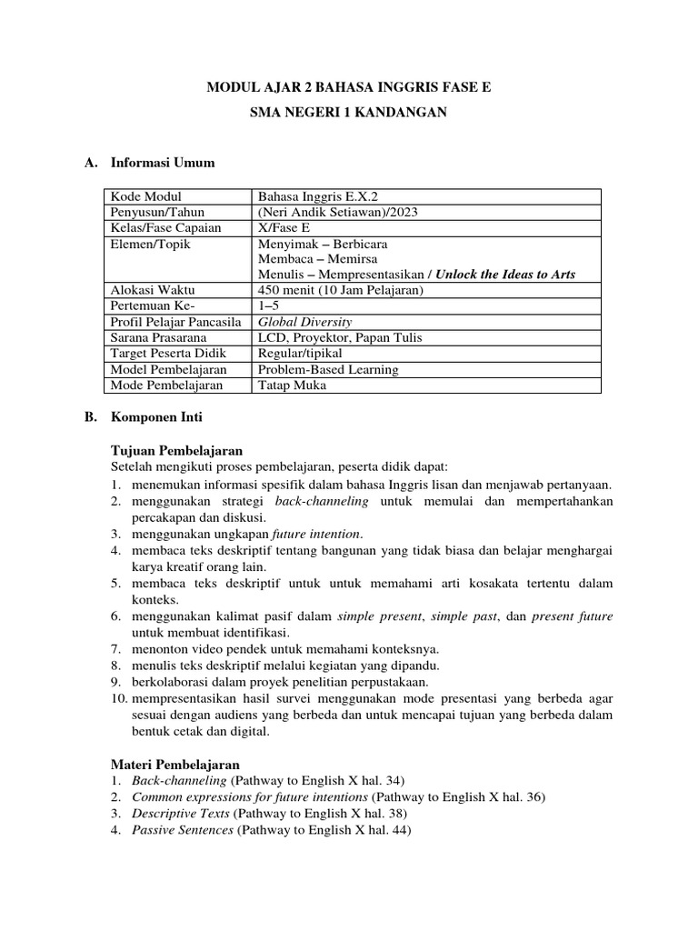 NERI - UNIT 2 - MODUL AJAR Pathway To English SMA GRADE X | PDF | Seni & Disiplin Bahasa ...