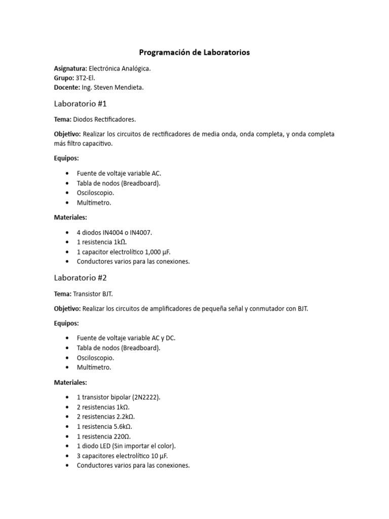 Programación de Laboratorios | PDF | Transistor | Red eléctrica