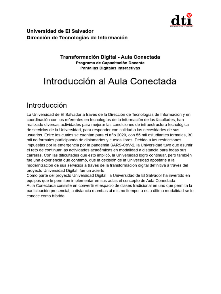 Aula Conectada: Transformación Digital UES | PDF | Videotelefonía | Salón de clases