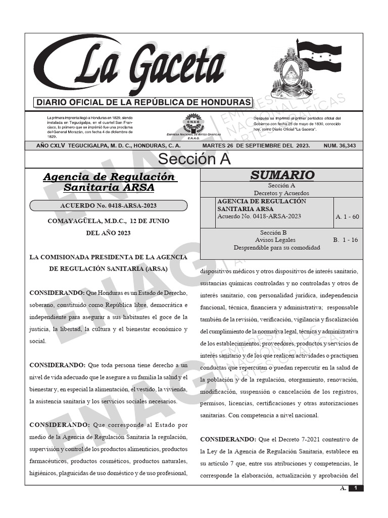Acuerdo 0418 Arsa 2023 En Honduras Pdf Farmacéutico Medicamentos