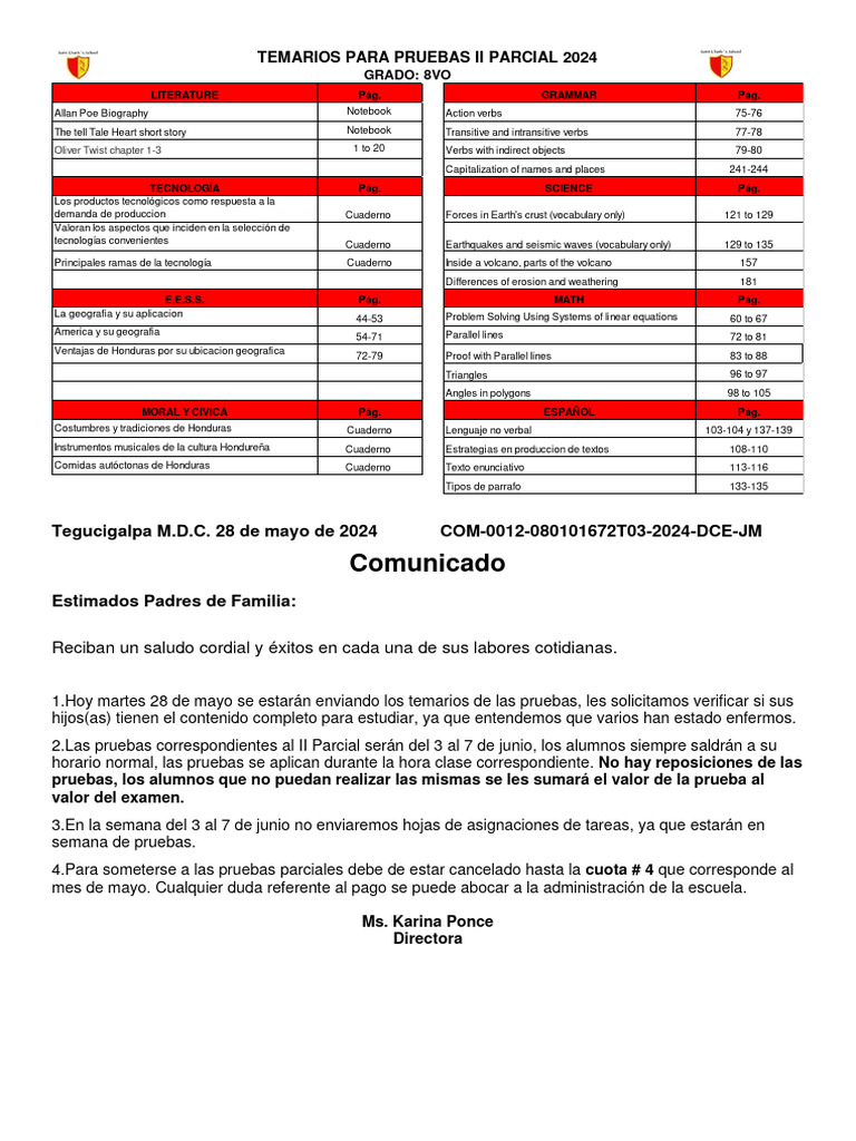 Temario de Pruebas II Parcial OCTAVO GRADO | PDF | Science