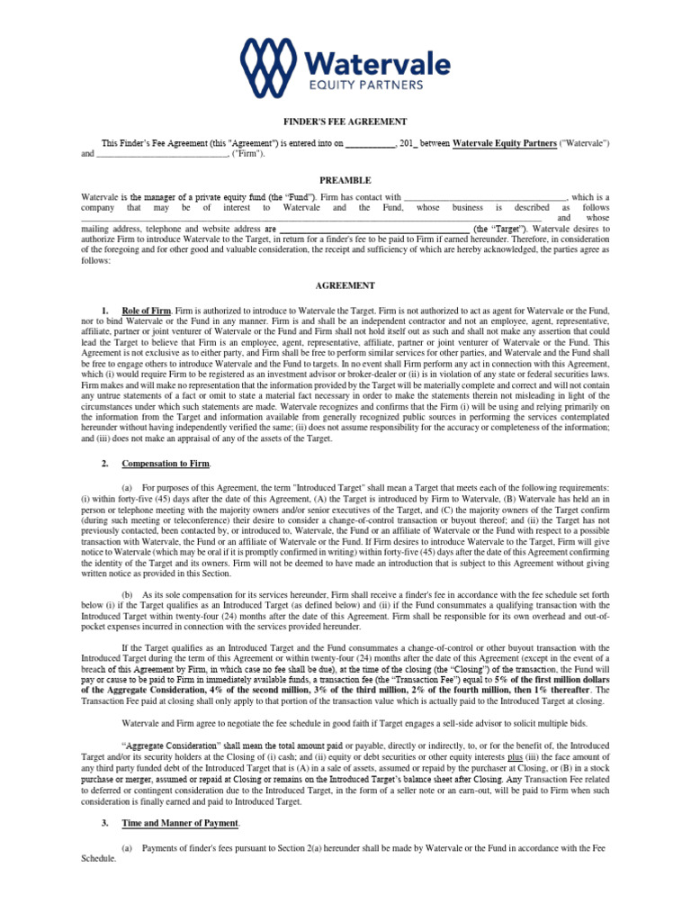 Finders Fee Agreement | PDF | Indemnity | Breach Of Contract