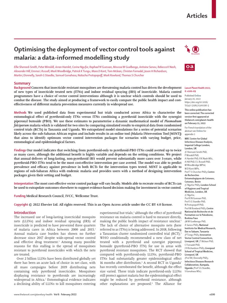 Optimising the Deployment of Vector Control Tools | PDF | Mosquito Net | Malaria