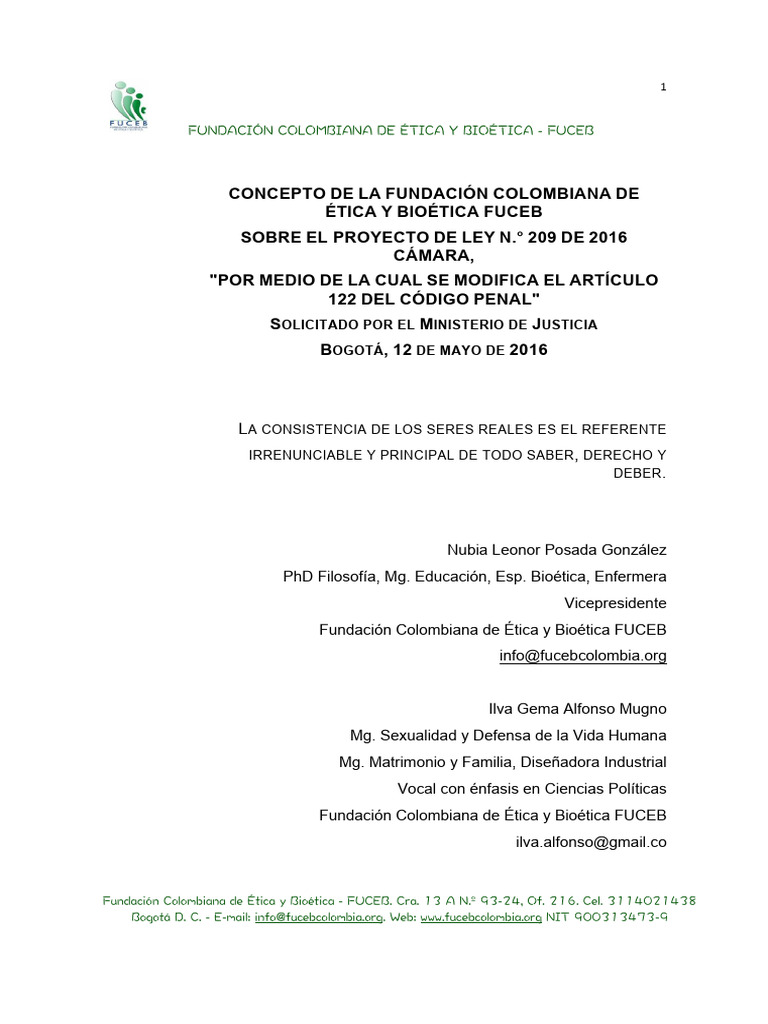 Concepto de FUCEB PL 209 de 2016 Al Cons Sup de Polít Crim Radicado 26 5 2016 1 | PDF | Derechos ...
