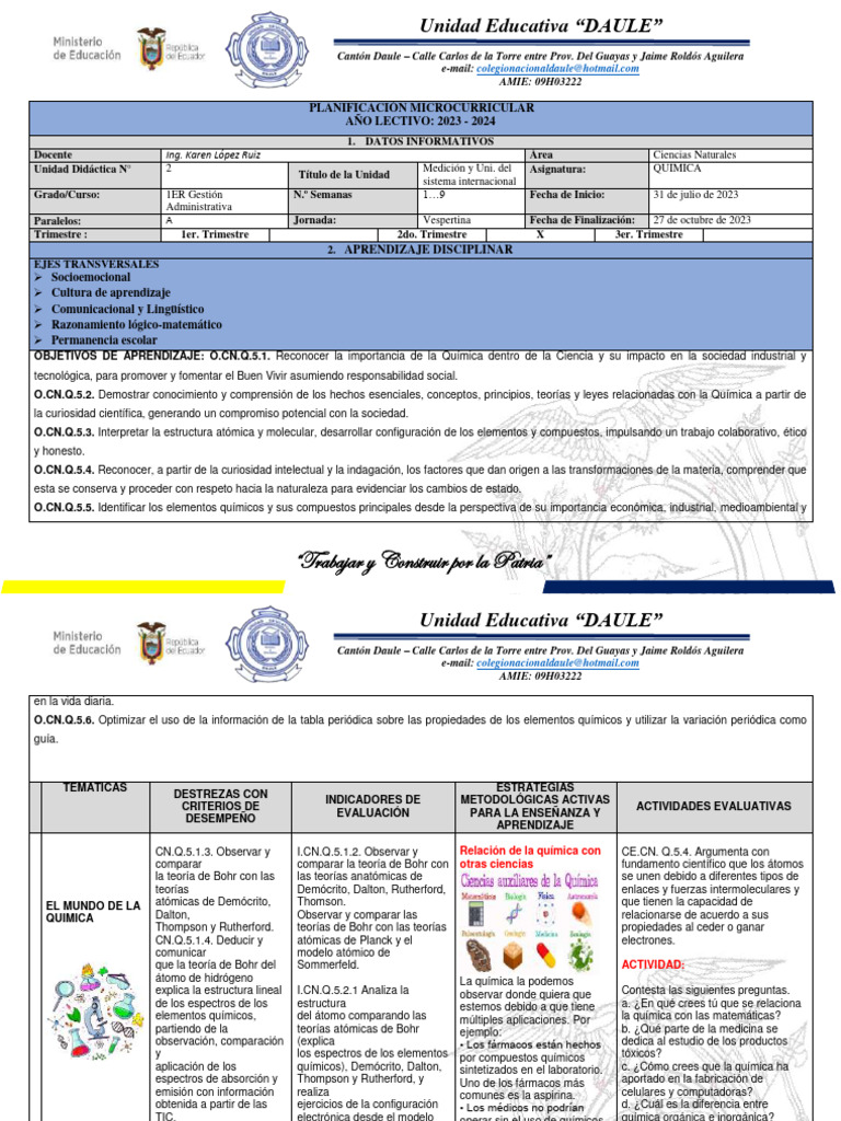 Planifi de Quimica 1ero Bachi-2DO TRIM | PDF | Química | Importar