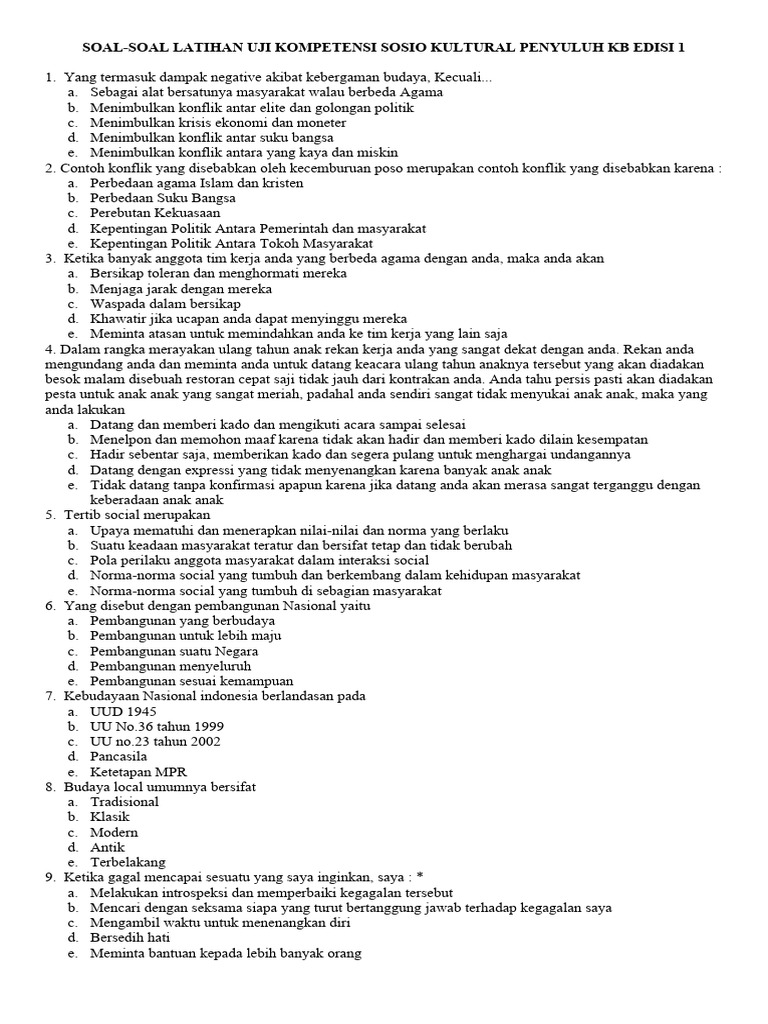 SOAL-SOAL LATIHAN UJI KOMPETENSI SOSIO KULTURAL PENYULUH KB EDISI 1 | PDF SOAL-SOAL LATIHAN UJI KOMPETENSI SOSIO KULTURAL PENYULUH KB EDISI 1 | PDF