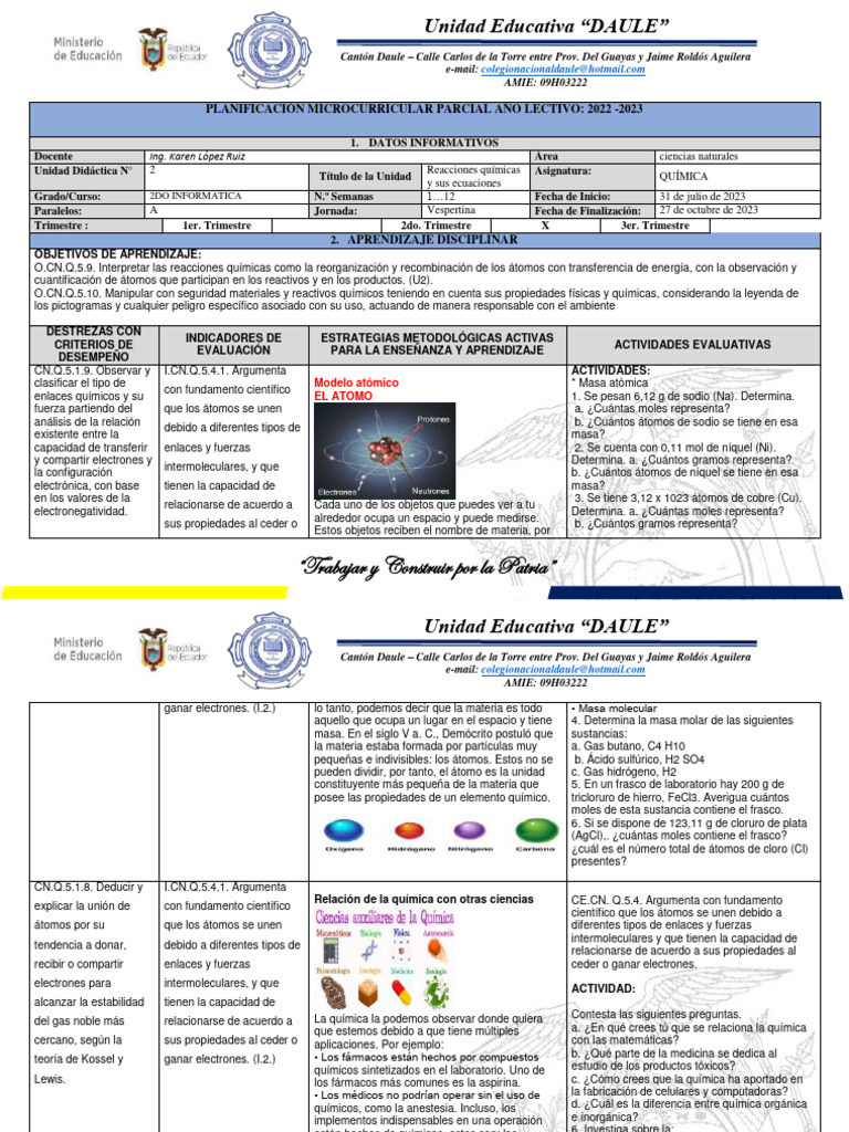 Planifi de QUimica 2DO Bachi 2DO TRIM | PDF | Química | Enlace químico