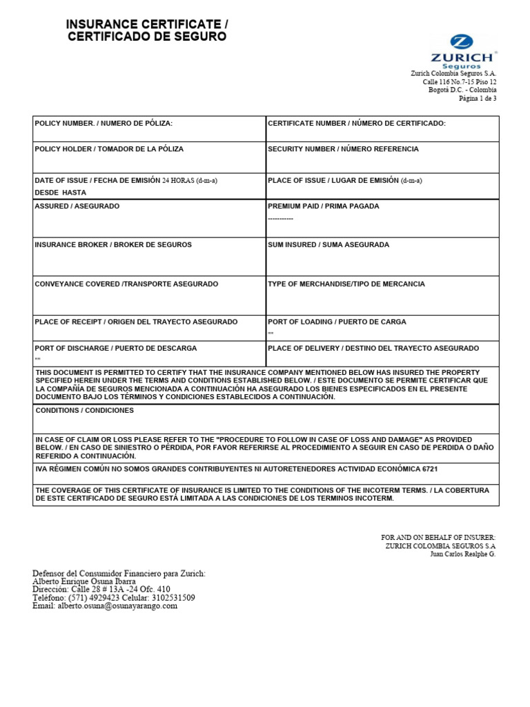 Modelo Poliza de Seguro Internacional de Mercancia | PDF | Insurance ...