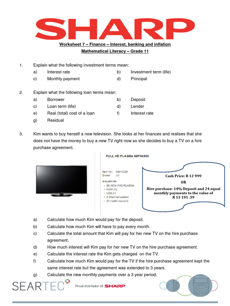Worksheet 7 Finance Interest Banking and Inflation Grade 11 Math ...