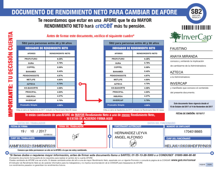 Documento de Rendimiento Neto para Cambiar de Afore | PDF