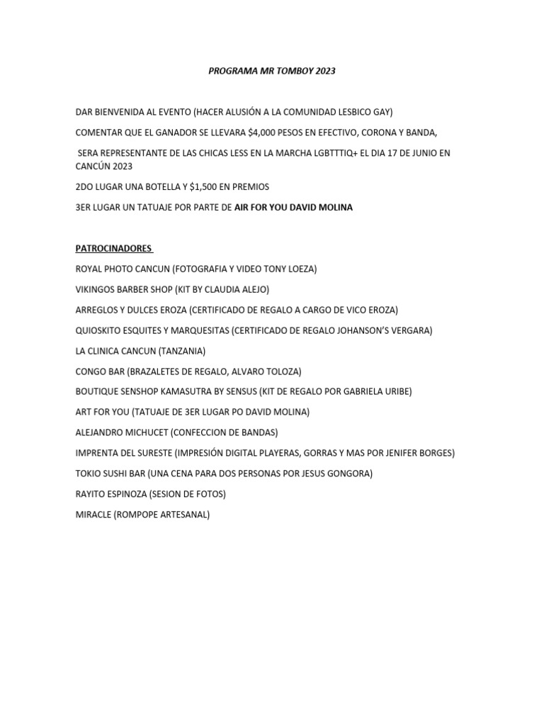 Concurso Mr. Tomboy 2023: Premios y Fiesta | PDF