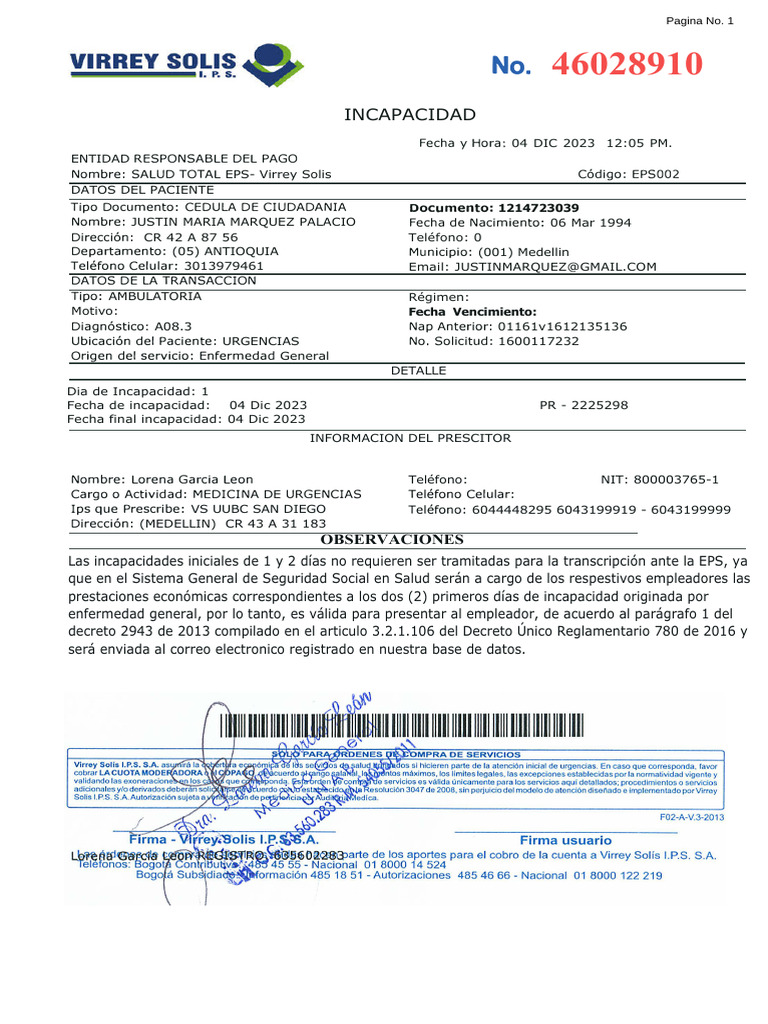 Incapacidad de Justin Marquez 04 Dic 2023 | PDF