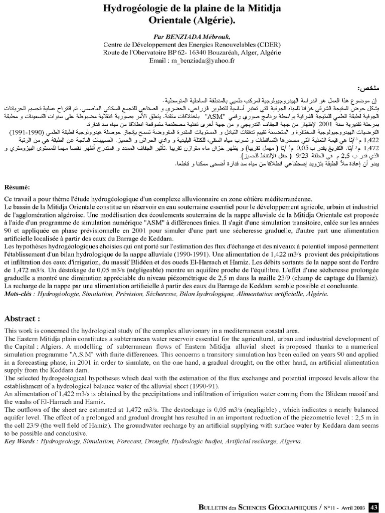 Hydrogéologie de La Plaine de La Mitidja Orientale (Algérie) . | PDF