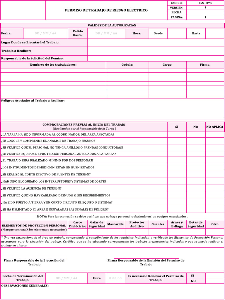 Formatos Permiso de Trabajo Riesgo Electrico | PDF