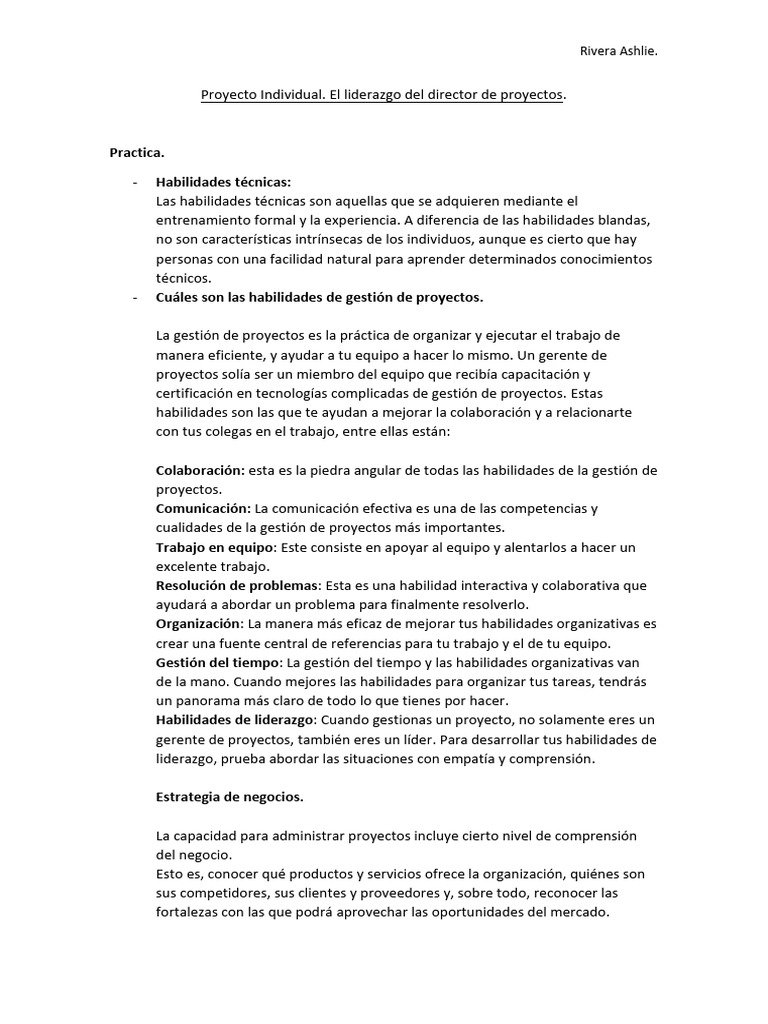 Proyecto Individual. Ashlie Rivera. | PDF | Liderazgo | Gestión estratégica