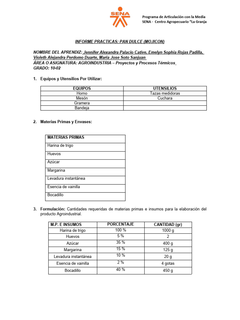Elaboración de Pan Dulce Mojicón SENA | PDF | Panes | Alimentos