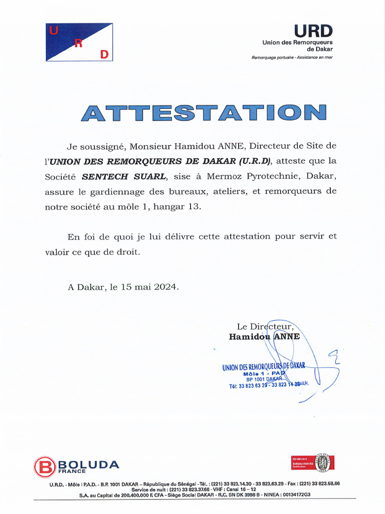 Attestation - Societe Urd | PDF