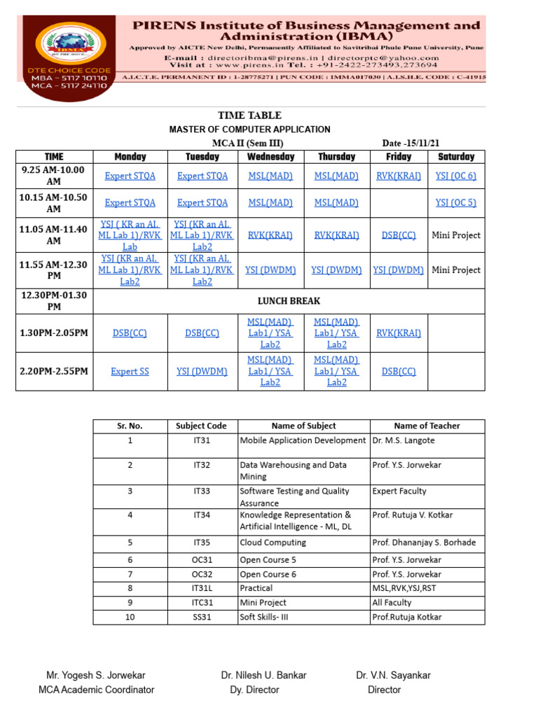 MCA Time Table Sem I (21-22) .XLSX - MCA II | PDF | Cognition | Learning