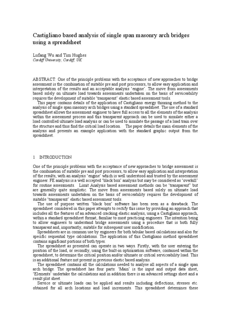66-Castigliano Based Analysis of Single Span Masonry Arch Bridges Using A Spreadsheet | PDF ...