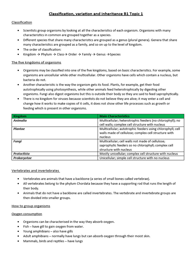 Classification Variation and Inheritance B1 Topic 1 COMPLETE | PDF ...