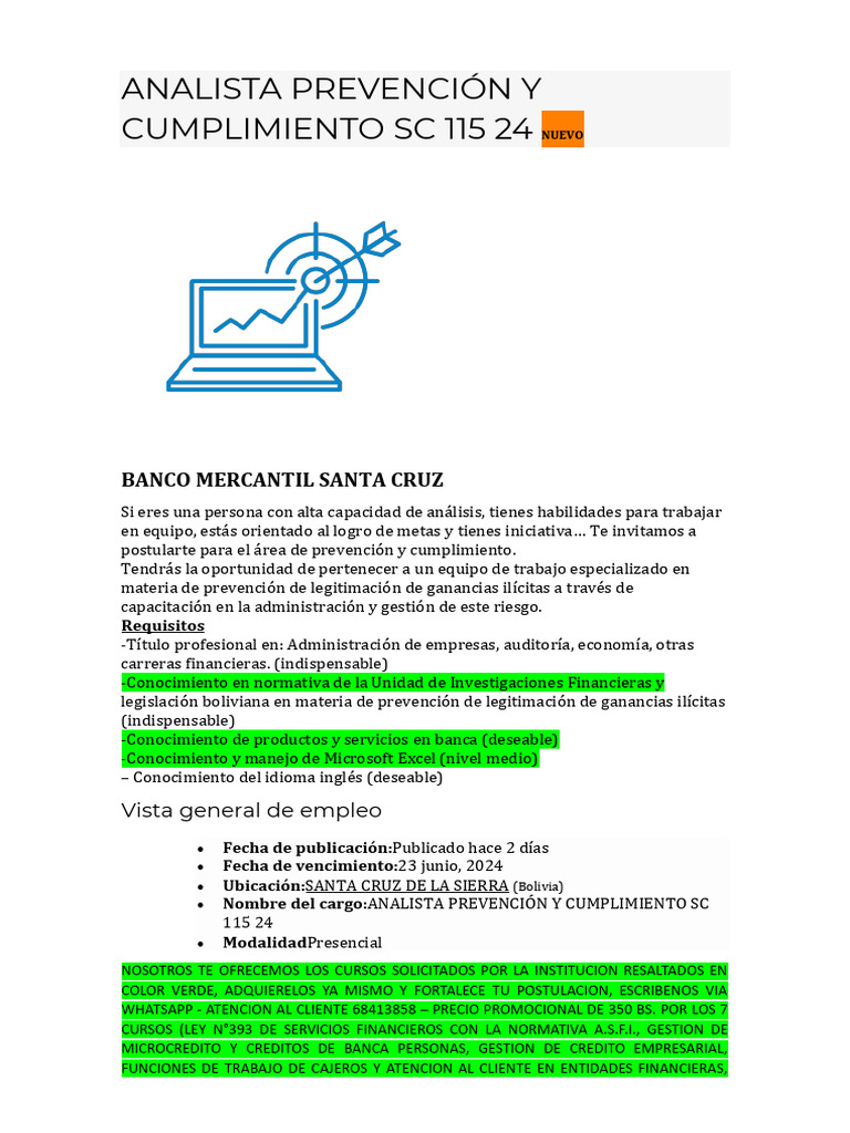 Analista Prevención Mercantil SCZ Regional SCZ | PDF