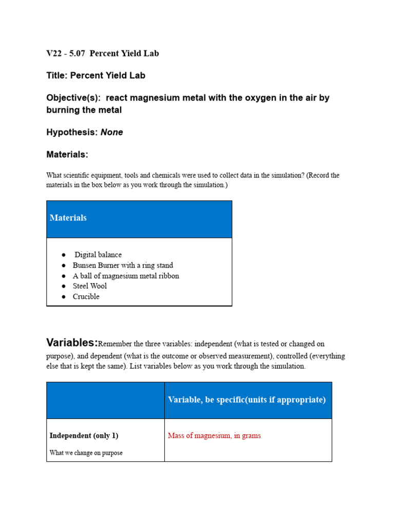 5.07 Percent Yield Lab | Download Free PDF | Magnesium | Physical Sciences