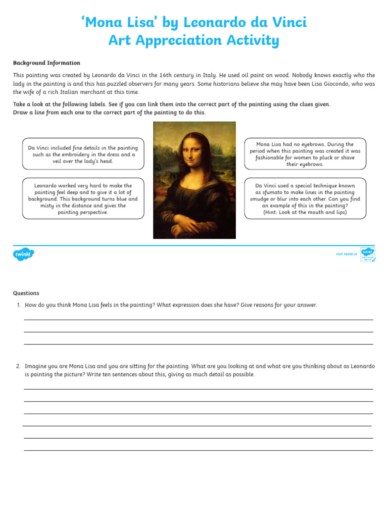 ROI2 A 002 Mona Lisa by Da Vinci Art Appreciation Activity Sheet - Ver ...