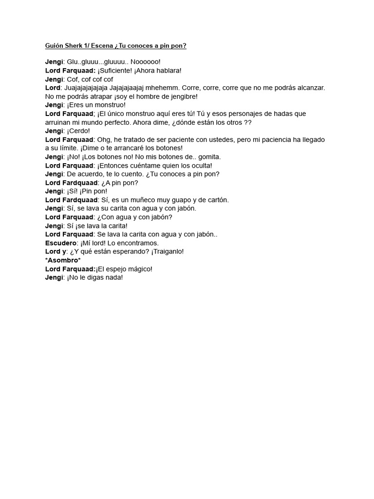 Doblaje Guion- Sherk 1_ Escena ¿Tú conoces a pin pon_ | PDF
