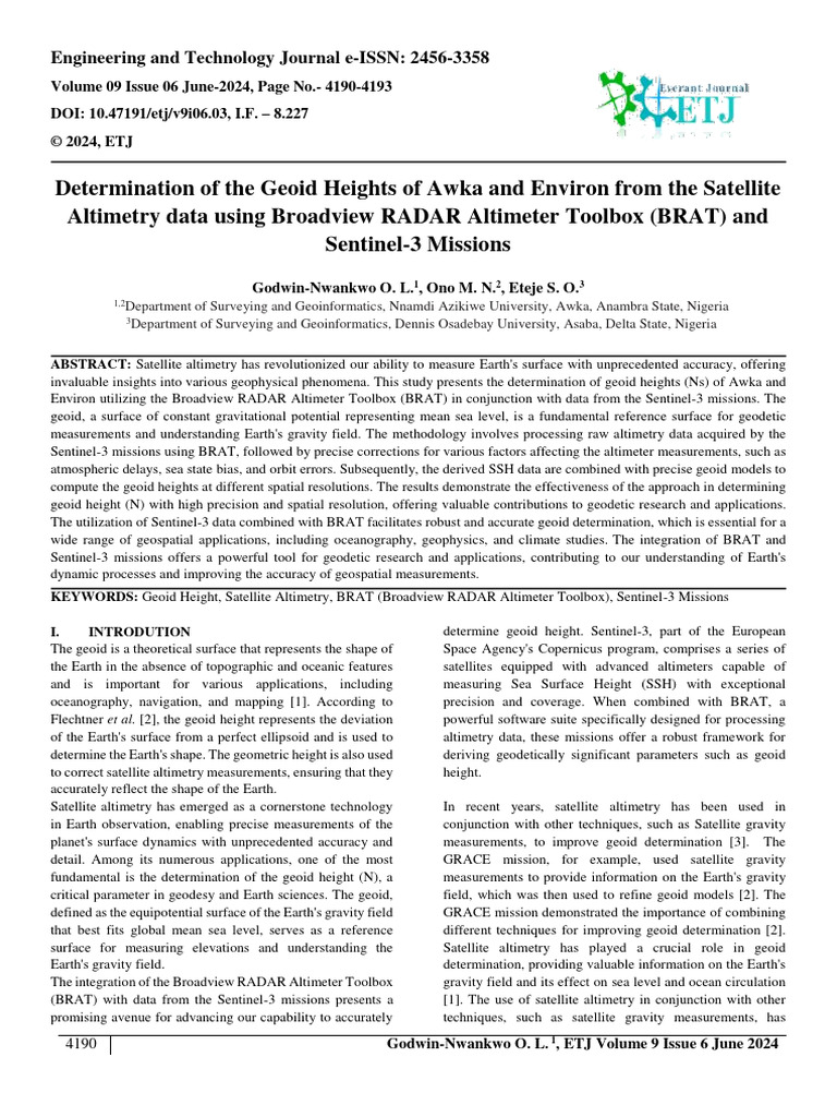 Determination of The Geoid Heights of Awka and Environ From The ...