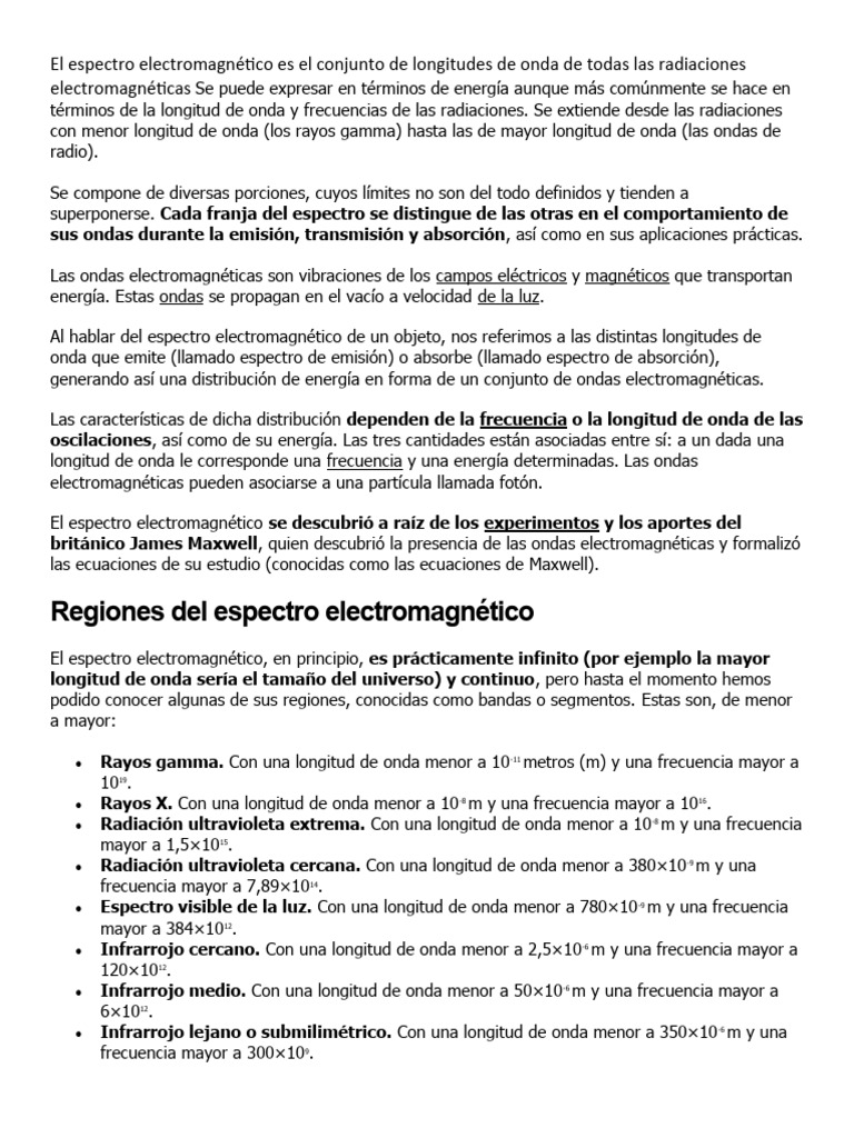 Espectro Electromagnético: Regiones y Usos | PDF | Espectro ...