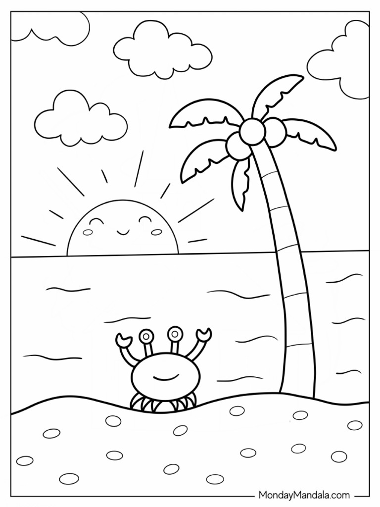 Crab On A Beach With Coconut Tree Coloring Sheet | PDF