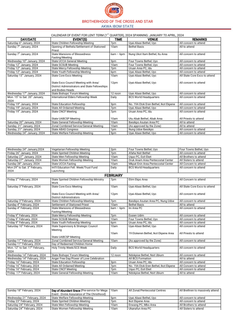 AKS CALENDAR OF EVENT, LENT TERM 2024(1) | PDF | Easter | Christian ...
