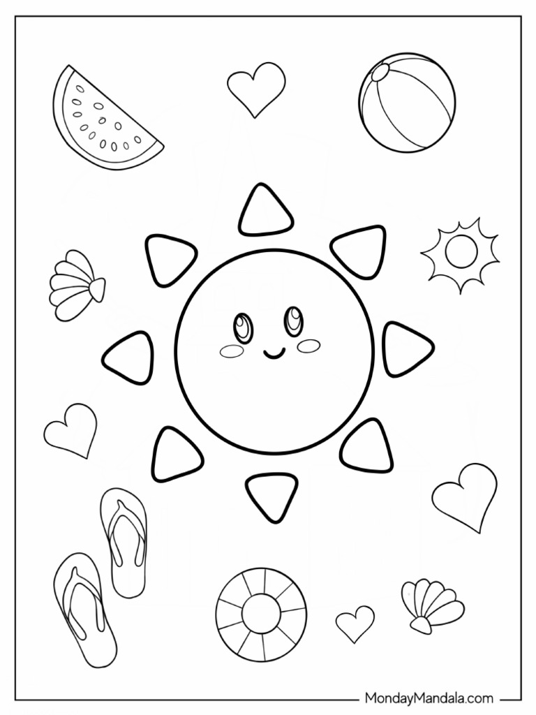 Kawaii Summer Sun Coloring Page | PDF