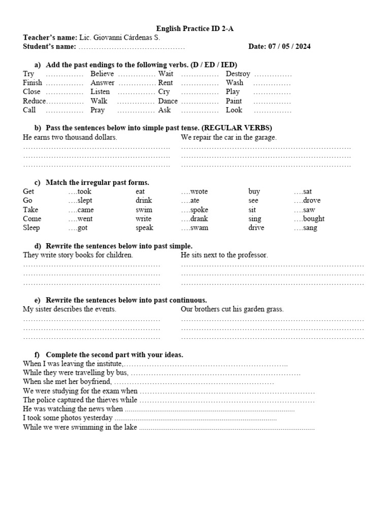 English Practice ID 2 Unit 2 Past Simple and Continuous | PDF ...