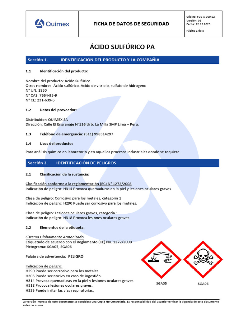 Ficha de Seguridad Acido Sulfurico Pa | PDF | Corrosión | Agua