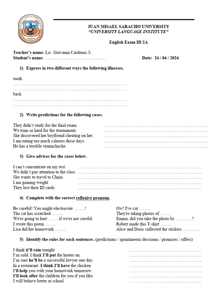 Exam unit 1 ID 2A Will should | PDF | Linguistics | Syntax