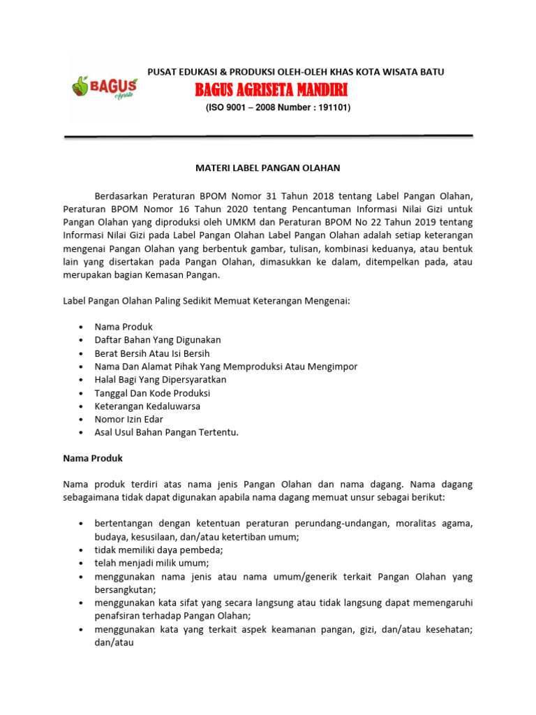 Materi Label Pangan Olahan | PDF