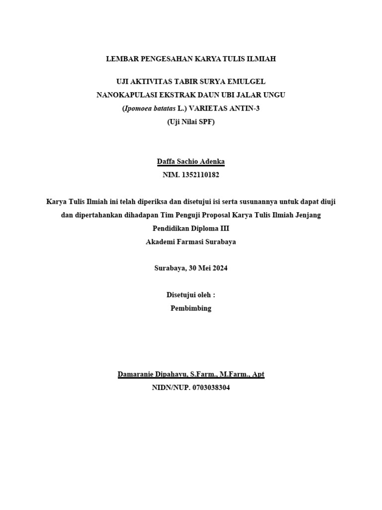 Lembar Pengesahan Karya Tulis Ilmiah Daffa | PDF