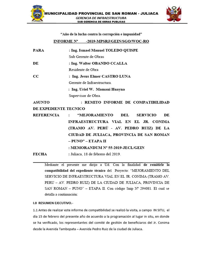 Informe Compatibilidad CONIMA | PDF | Presupuesto | Ingeniero civil