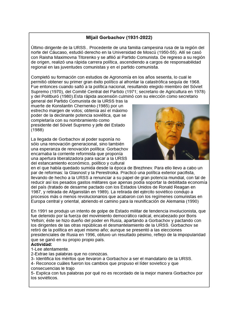 MIjail Gorbachov (1931-2022) | PDF | Mikhail Gorbachev | Unión Soviética