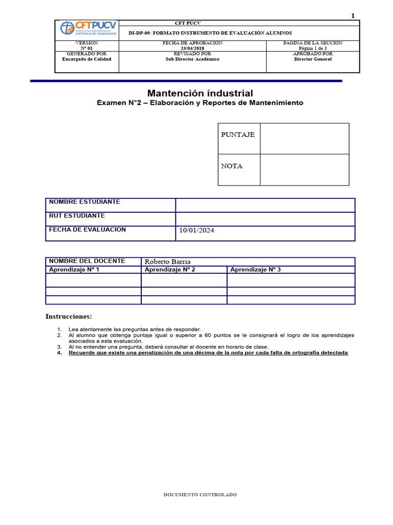 Evaluación Mantenimiento CFT PUCV | PDF | Evaluación | Cognición