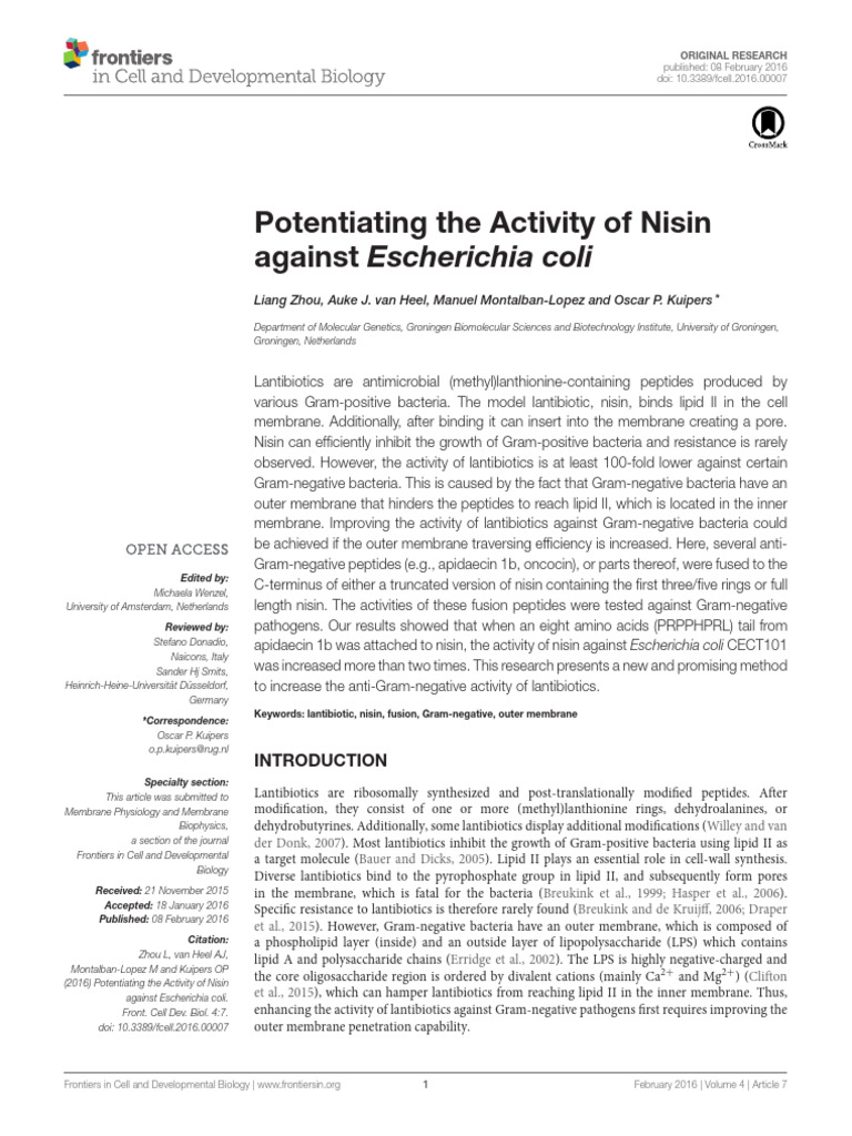 Potentiating the Activity of Nisin Against Escherichia Coli. Frontiers ... Potentiating the Activity of Nisin Against Escherichia Coli. Frontiers ...
