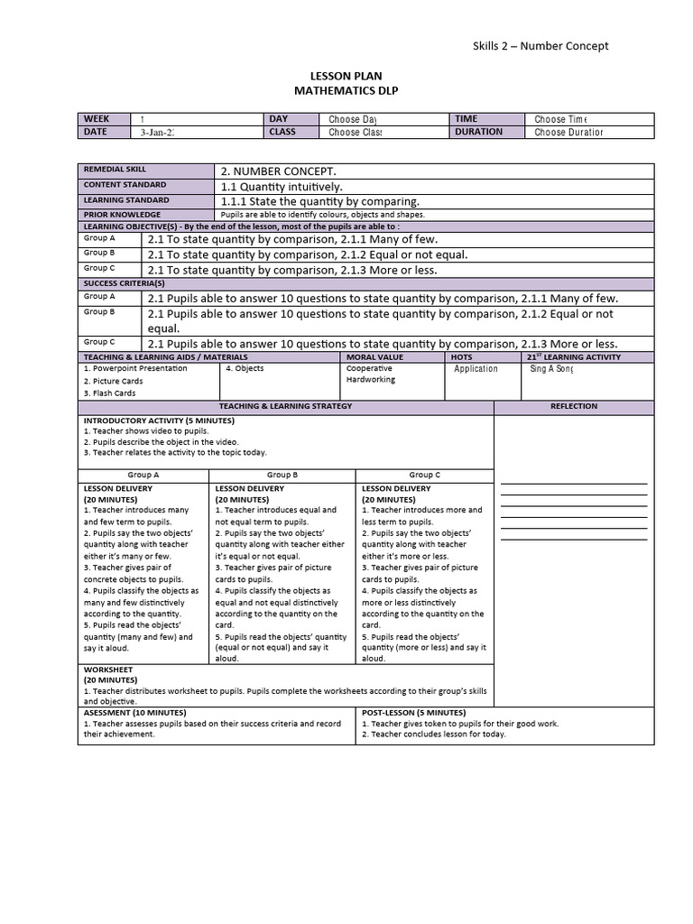Lesson Plan Skill 2 - Number Concept | PDF | Lesson Plan | Teachers
