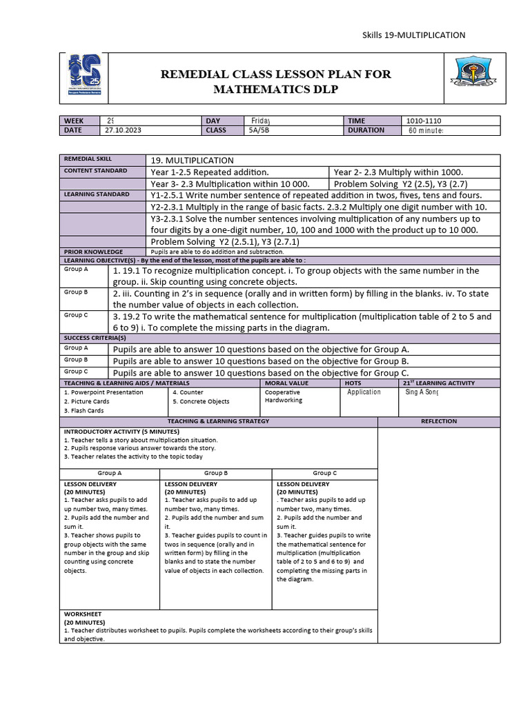 Lesson Plan Skills 19-MULTIPLICATION | Download Free PDF ...