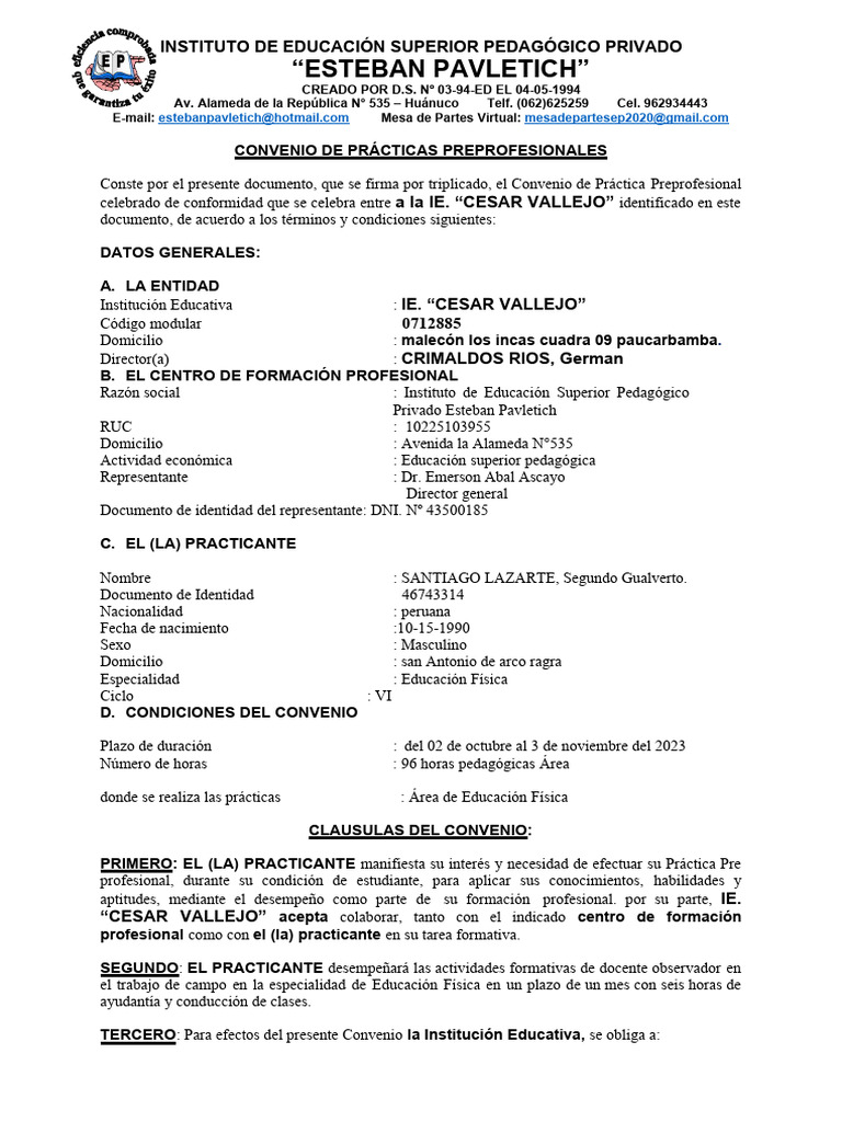 Convenio Alumno Segundo | PDF | Maestros | Documento de identidad