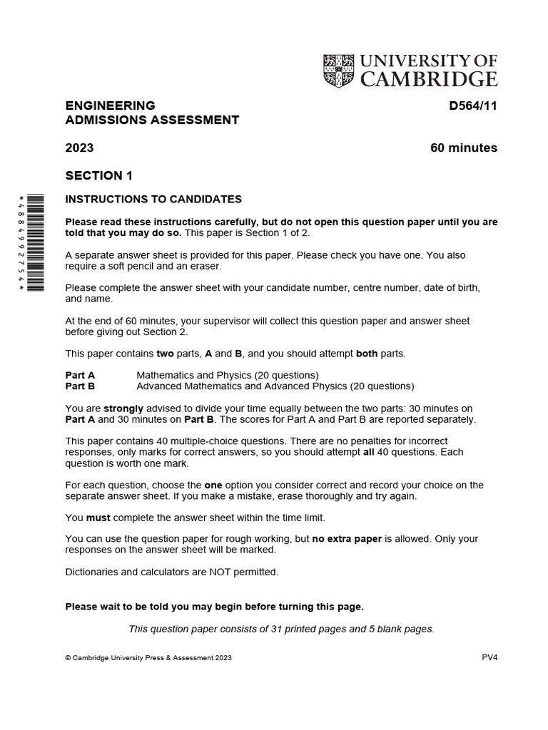 ENGAA 2023 Assessment Instructions | PDF | Transformer | Force