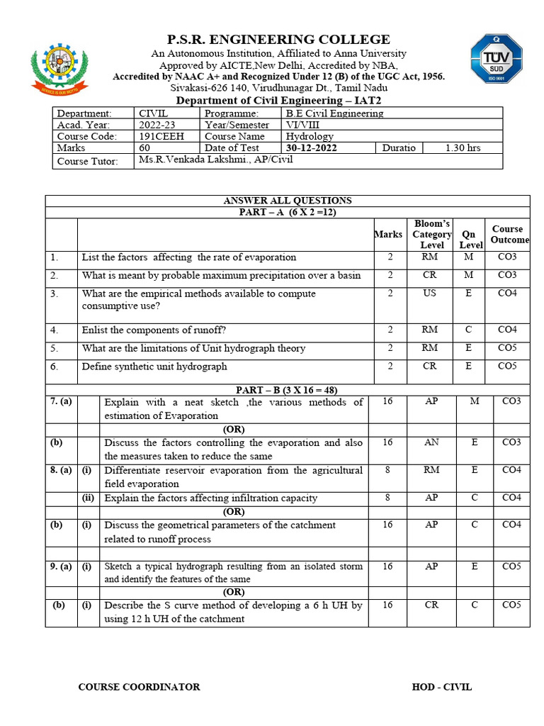 IAT2 - HYD - Q | PDF | Drainage Basin | Surface Runoff